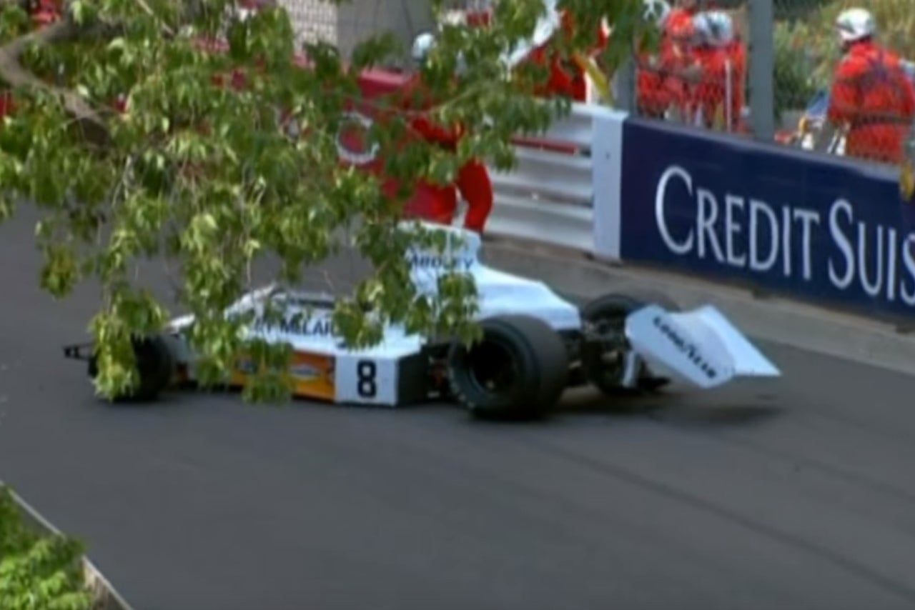 Historic F1 car drops from a crane during vintage car race in Monaco ...