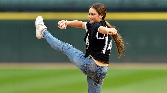 Olympic gymnast Maroney combines first pitch with tumbling pass, scores ...